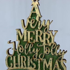 A Very Merry Holly Jolly Christmas Tree Ornament Green Wooden White ...
