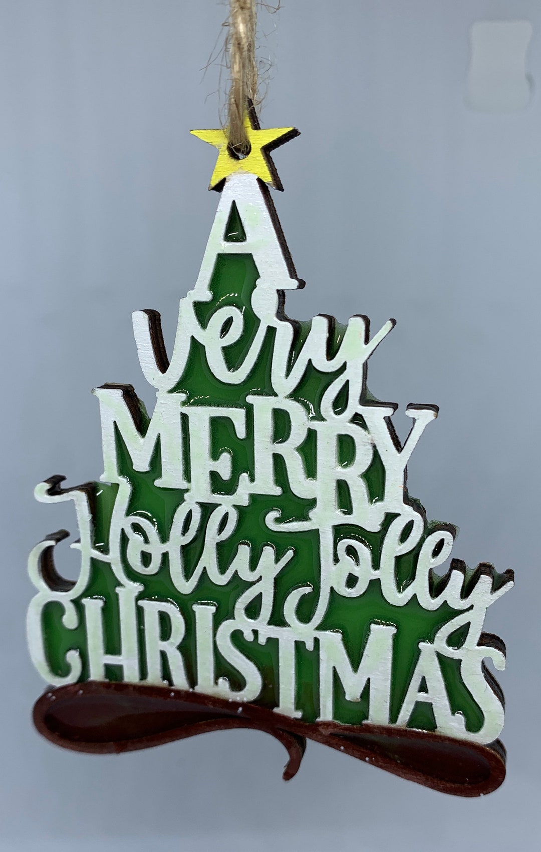 A Very Merry Holly Jolly Christmas Tree Ornament Green Wooden White ...