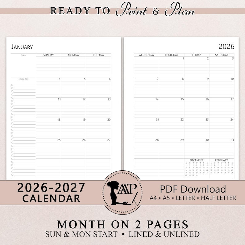 2026 2027 Monthly Calendar Printable | Two 2 Page Lined Unlined Planner ...