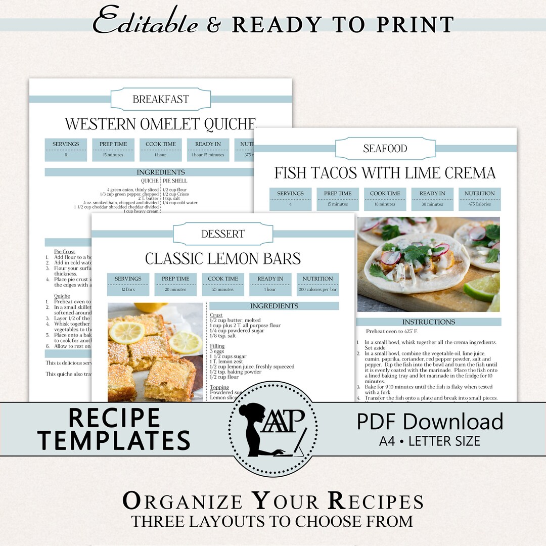 Editable Recipe Template, Recipe Binder Printable, Cookbook Template ...