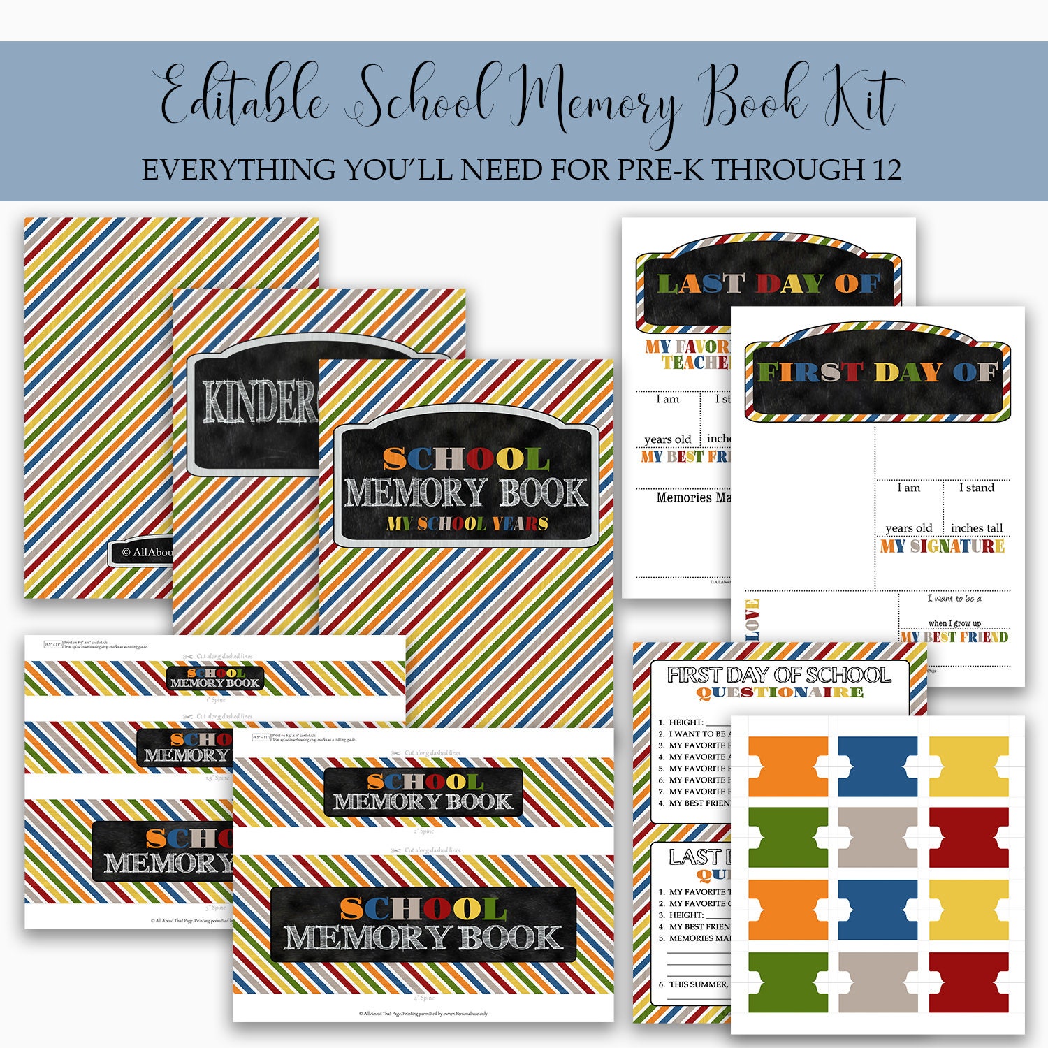 Editable School Memory Book Box Kit, Boys First Day of School, Last Day ...