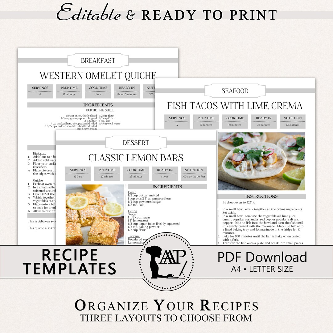 Editable Recipe Template, Recipe Binder Printable, Cookbook Page ...