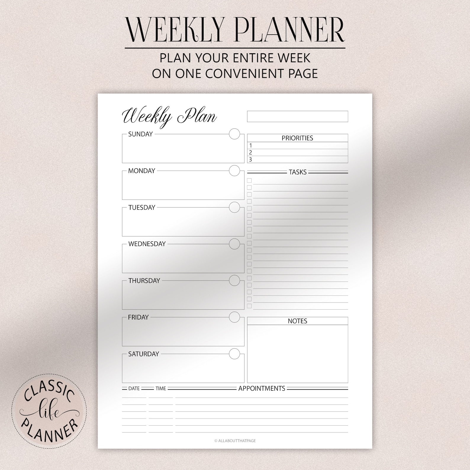 Weekly Planner Printable Digital | Week at a Glance One Page | Daily ...