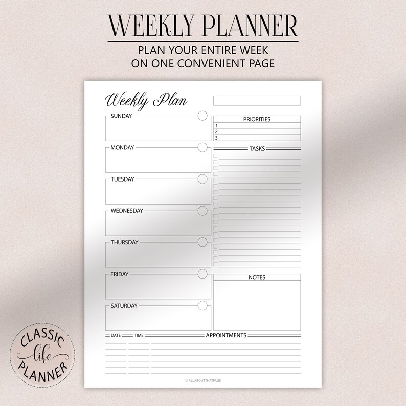 Weekly Planner Printable Digital | Week at a Glance One Page | Daily ...