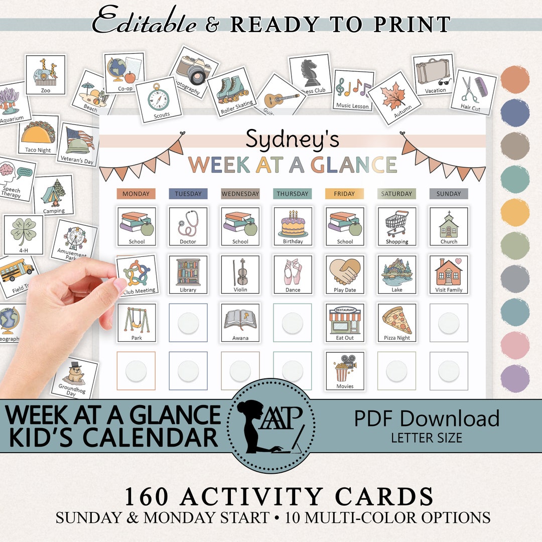 NEW Week at a Glance Kids Calendar With Pictures Printable Visual ...