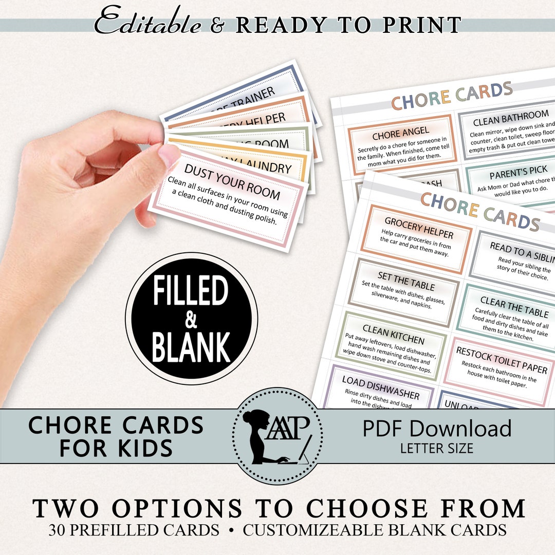 Editable Chore Cards for Kids Printable Cleaning Tasks Allowance System ...
