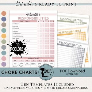 Editable Chore Chart for Kids Printable Bundle Responsibility Checklist ...