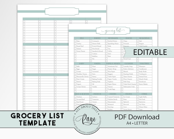 Editable Grocery List Template Shopping List Printable - Etsy