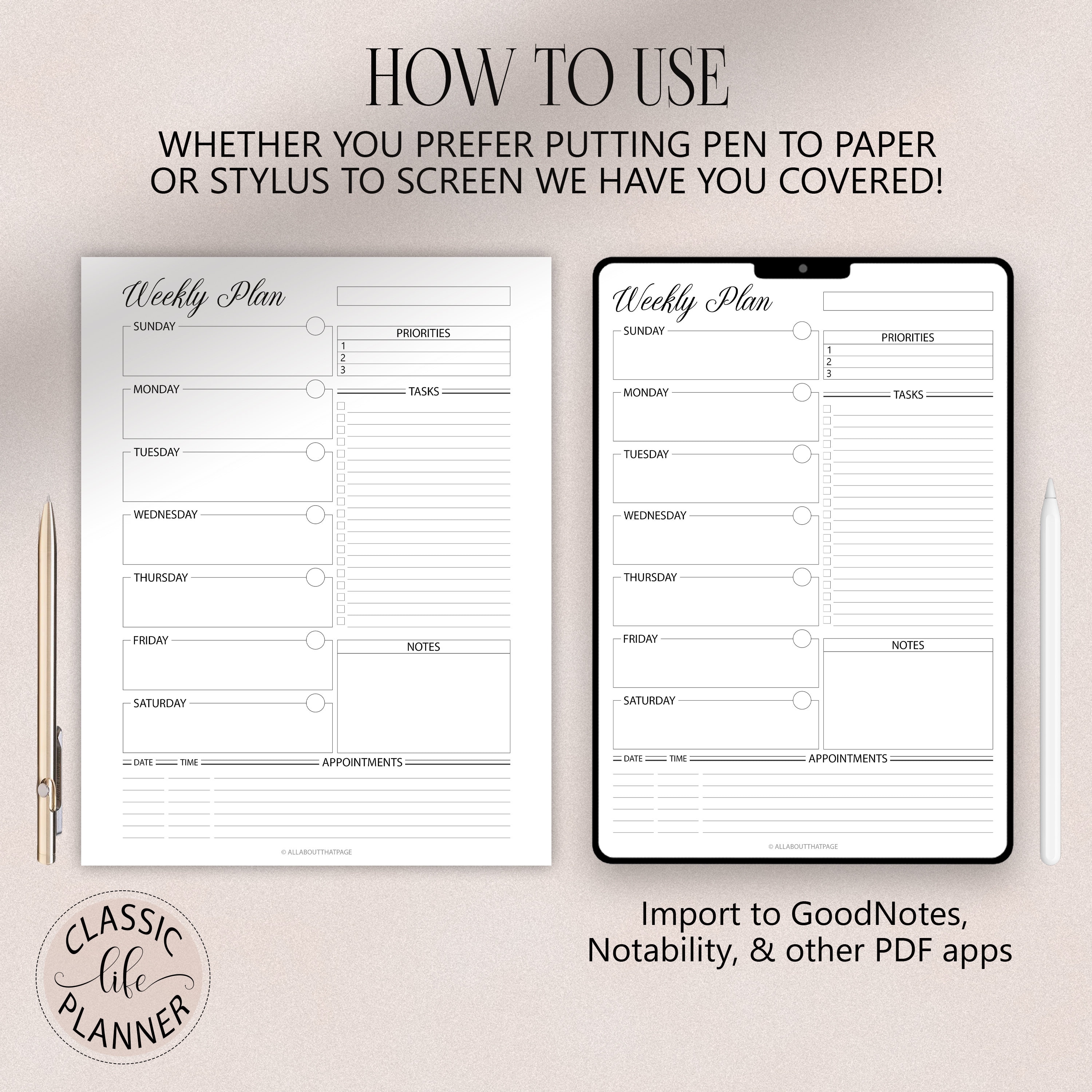 Weekly Planner Printable Digital | Week at a Glance One Page | Daily ...