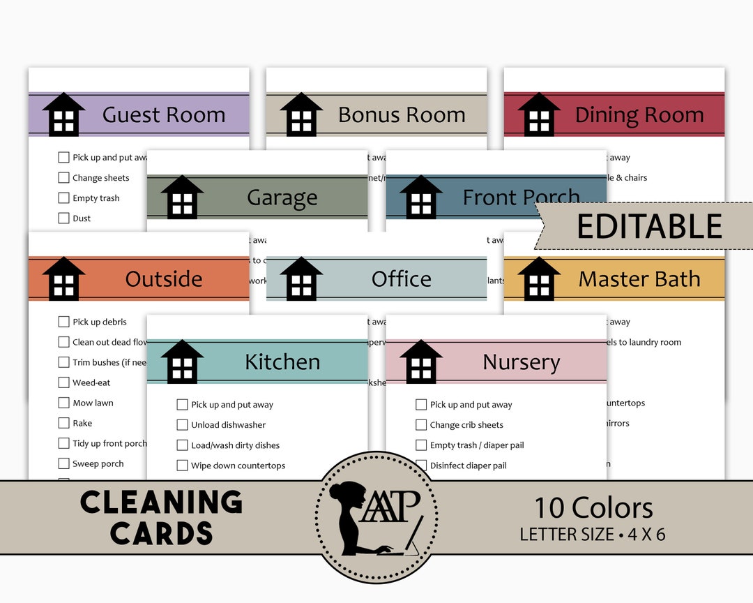 Cleaning Cards, Editable Cleaning Checklist, Room by Room Chores, Tasks ...