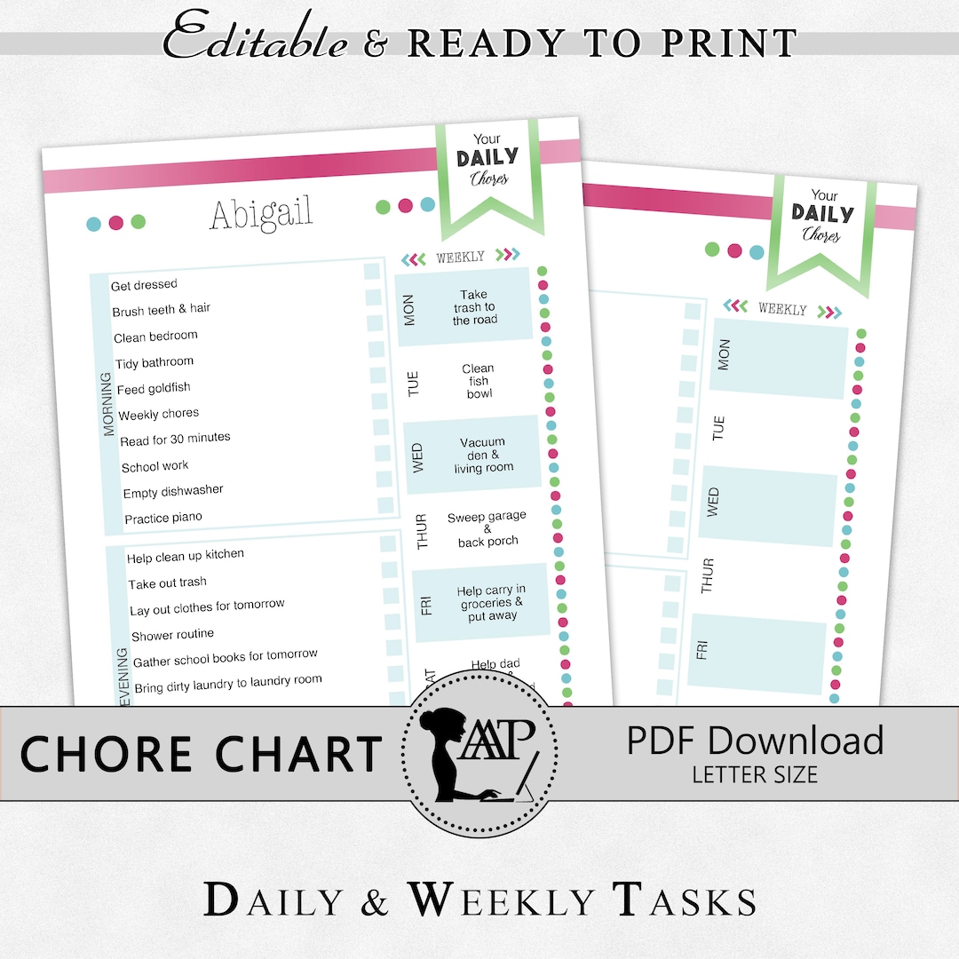 Editable Chore Chart, Printable Template for Older Kids, Child ...