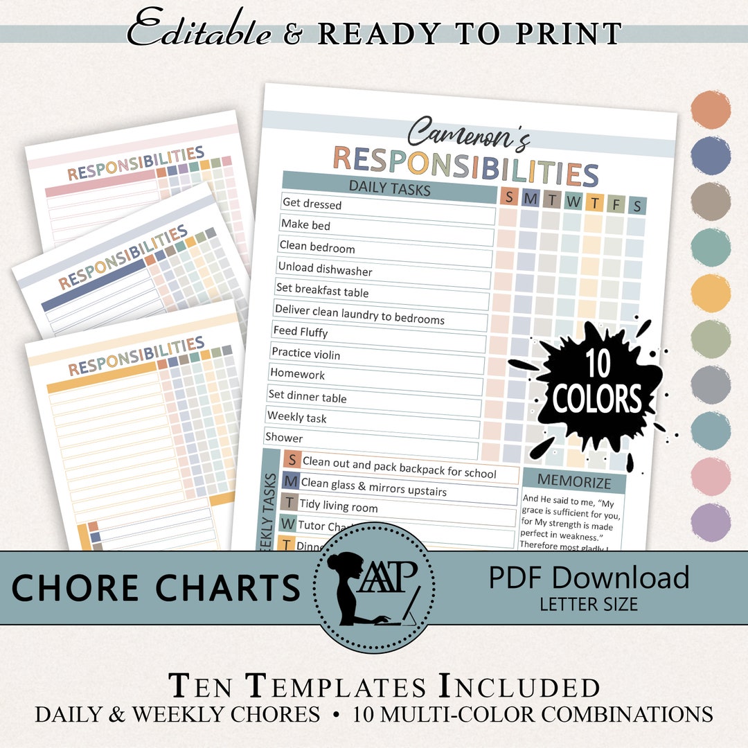 Editable Chore Chart for Kids Printable Bundle Responsibility Checklist ...