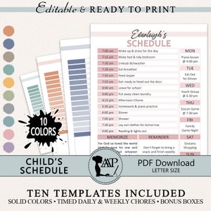 Editable Daily Schedule for Kids Printable Bundle | Weekly Chore Chart ...