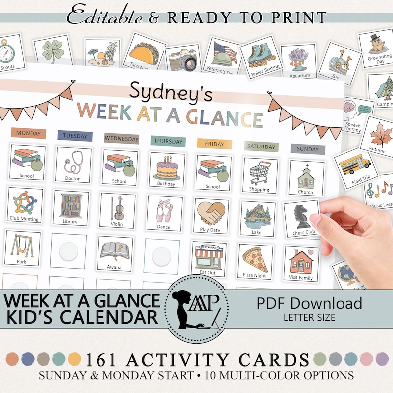 Week at a Glance Kids Calendar With Pictures Printable | Visual Weekly ...