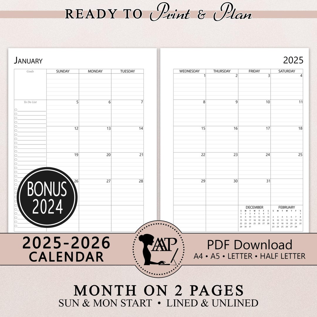 2025 2026 Monthly Calendar Printable Two 2 Page Lined Unlined Planner ...