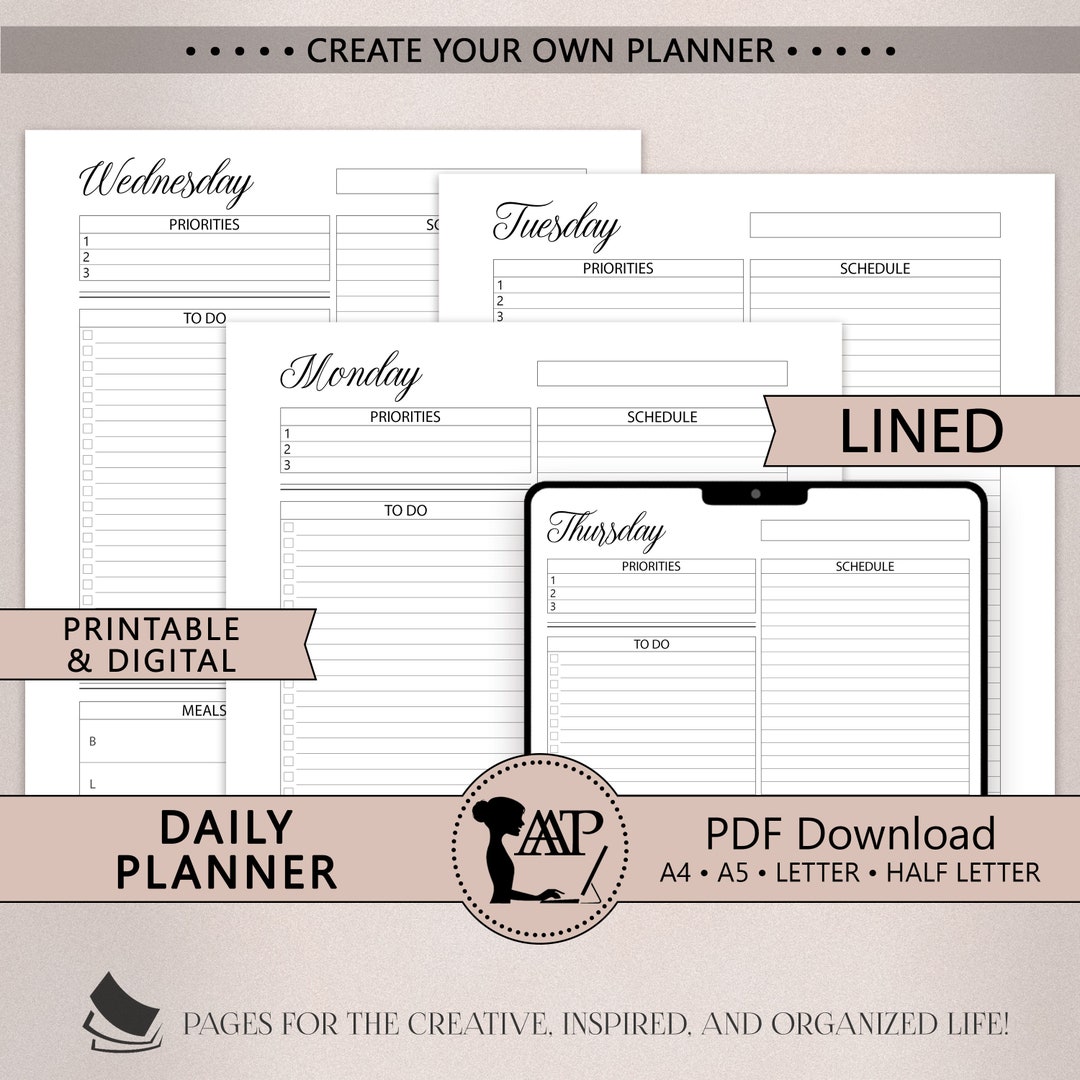 Daily Planner Printable Digital Lined One Page Schedule - Etsy
