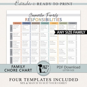Editable Family Chore Chart Printable Template | Weekly Household ...