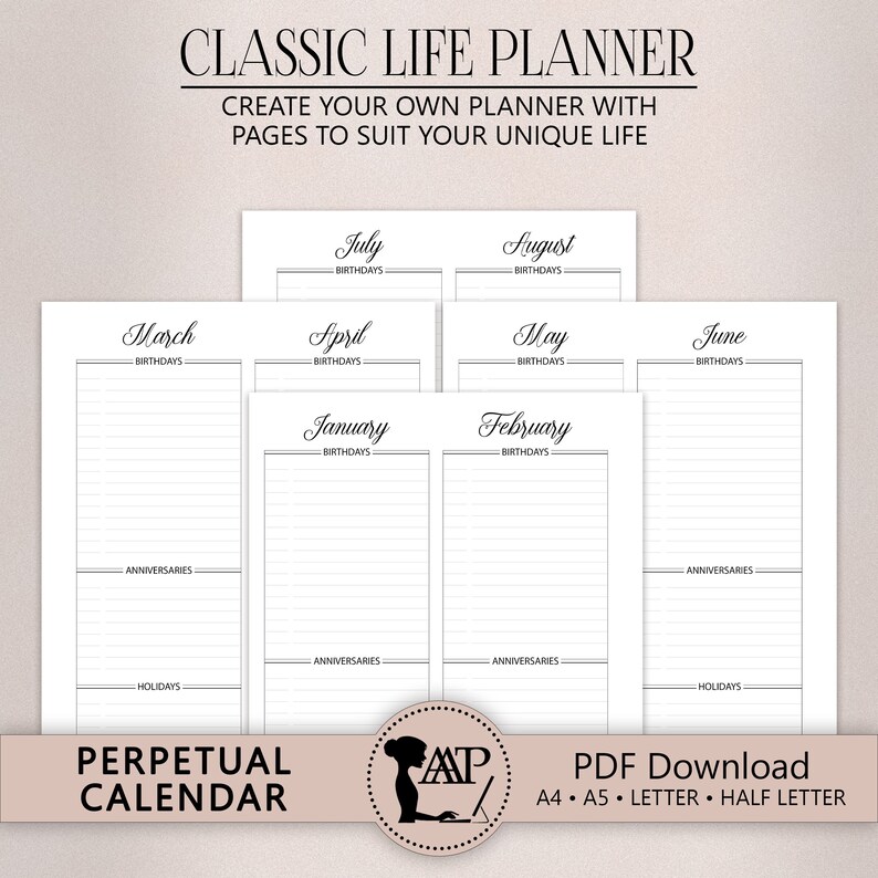 Perpetual Calendar Printable Planner Insert Annual - Etsy