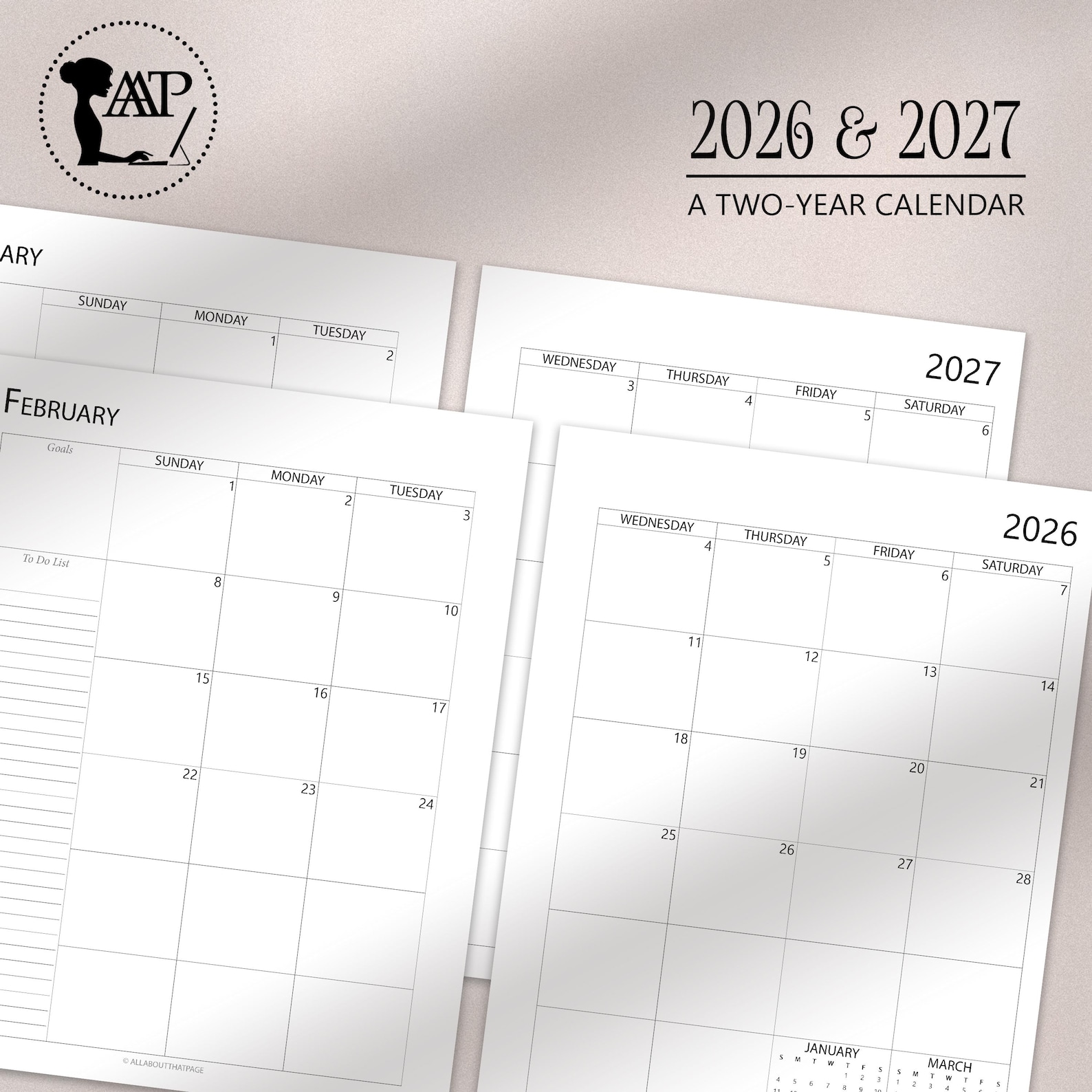 2026 2027 Monthly Calendar Printable | Two 2 Page Lined Unlined Planner ...