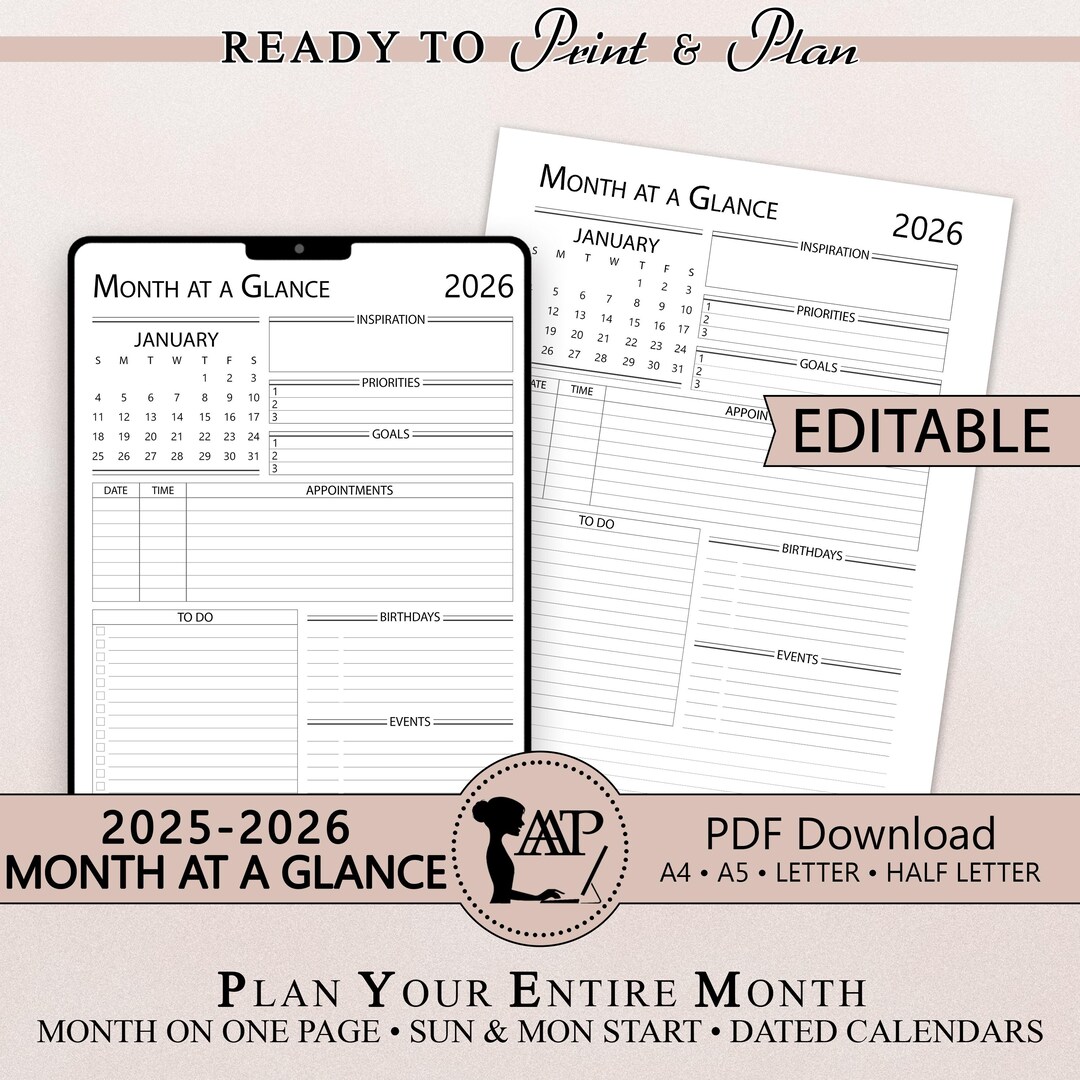 2025-2026 Month at a Glance Planner Printable Digital | Monthly ...