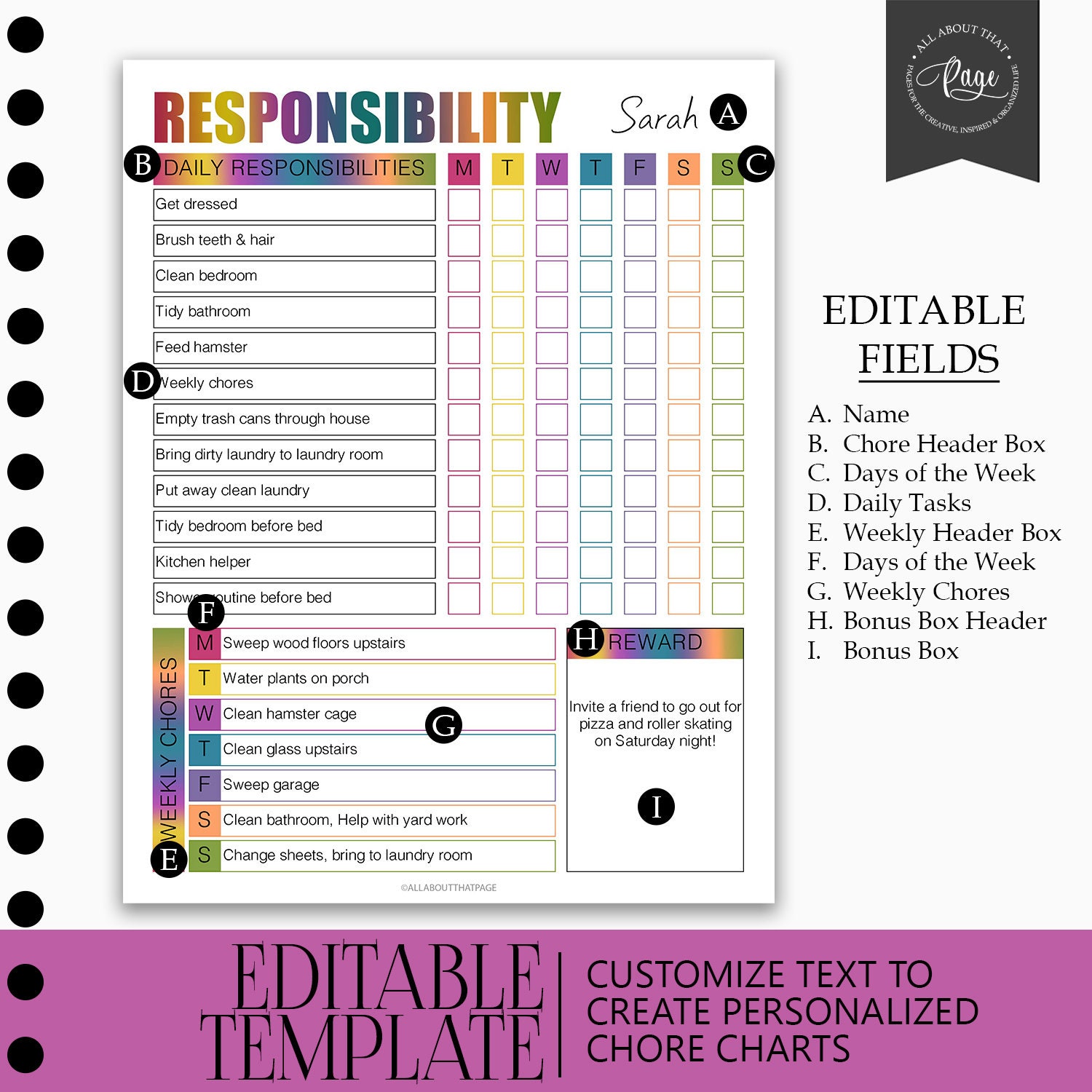 Editable Chore Chart Printable Chores for Older Kids Child | Etsy