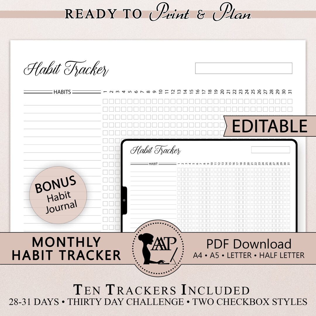 Editable Monthly Habit Tracker Printable Digital | Habits Journal | 30 ...