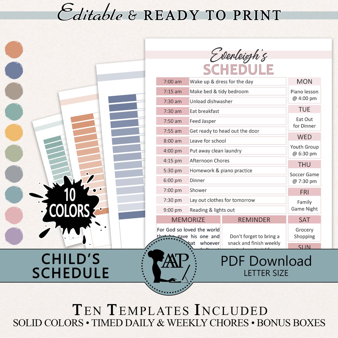 Editable Daily Schedule for Kids Printable Bundle Weekly Chore Chart ...