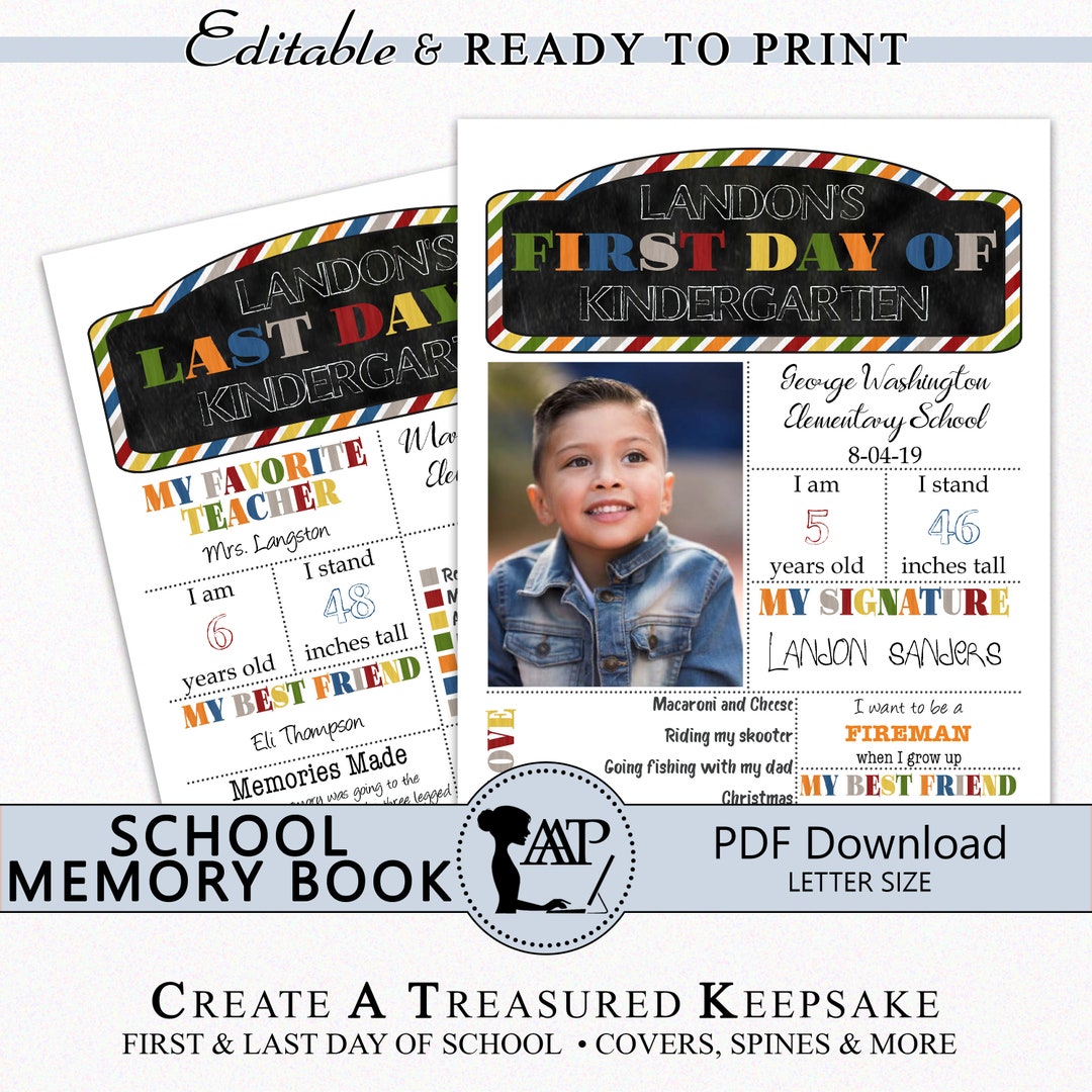 Editable School Memory Book Box Kit, Boys First Day of School, Last Day ...