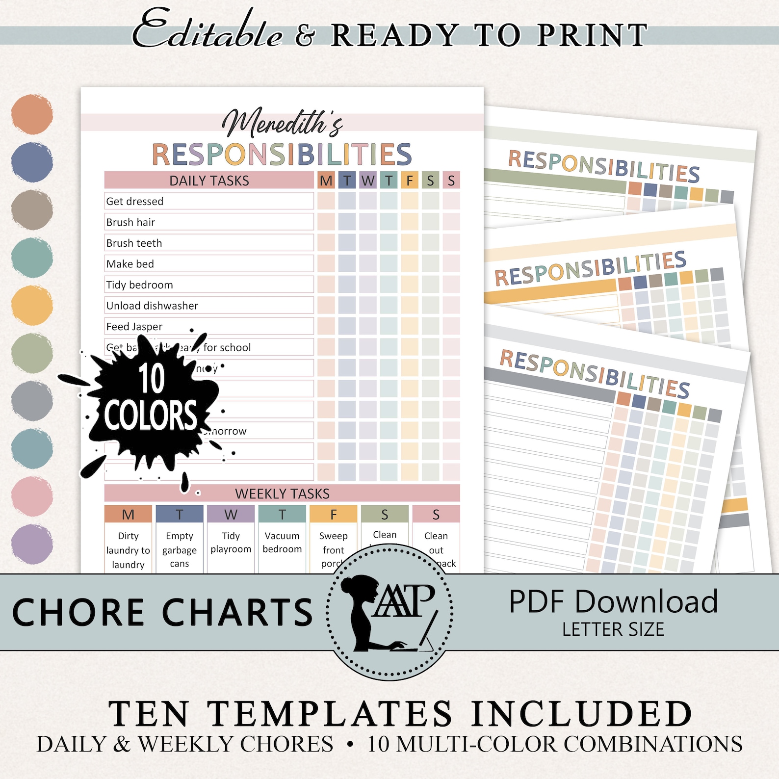 Editable Chore Chart for Kids Printable Bundle Responsibility Checklist ...