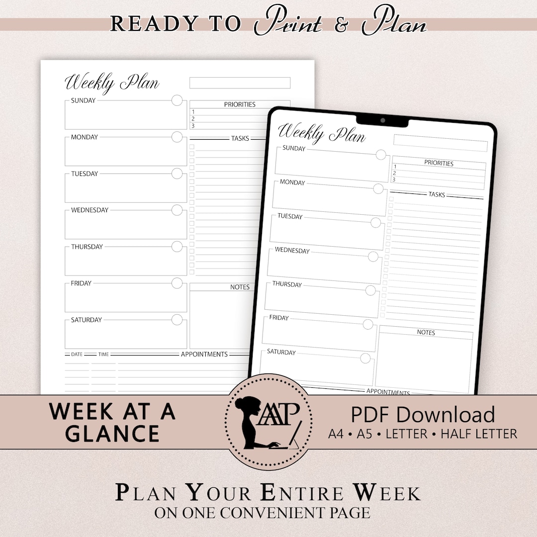 Weekly Planner Printable Digital | Week at a Glance One Page | Daily ...