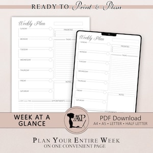 Weekly Planner Printable Digital | Week at a Glance One Page | Daily ...