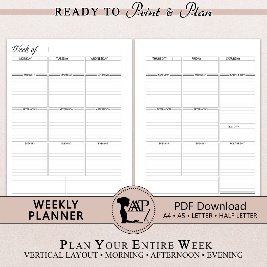 Weekly Planner Printable | Vertical Routine 2 Page Layout | Week on Two ...