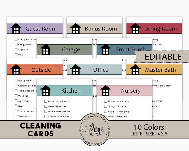 Cleaning Cards Editable Cleaning Checklist Room by Room | Etsy
