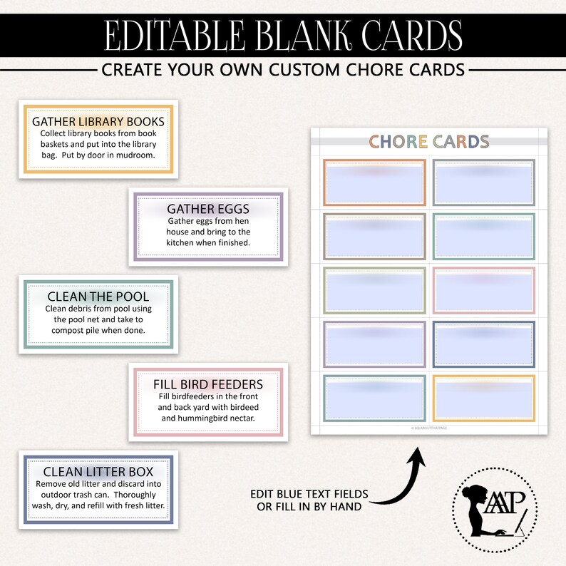 Editable Chore Cards for Kids Printable | Cleaning Tasks | Allowance ...