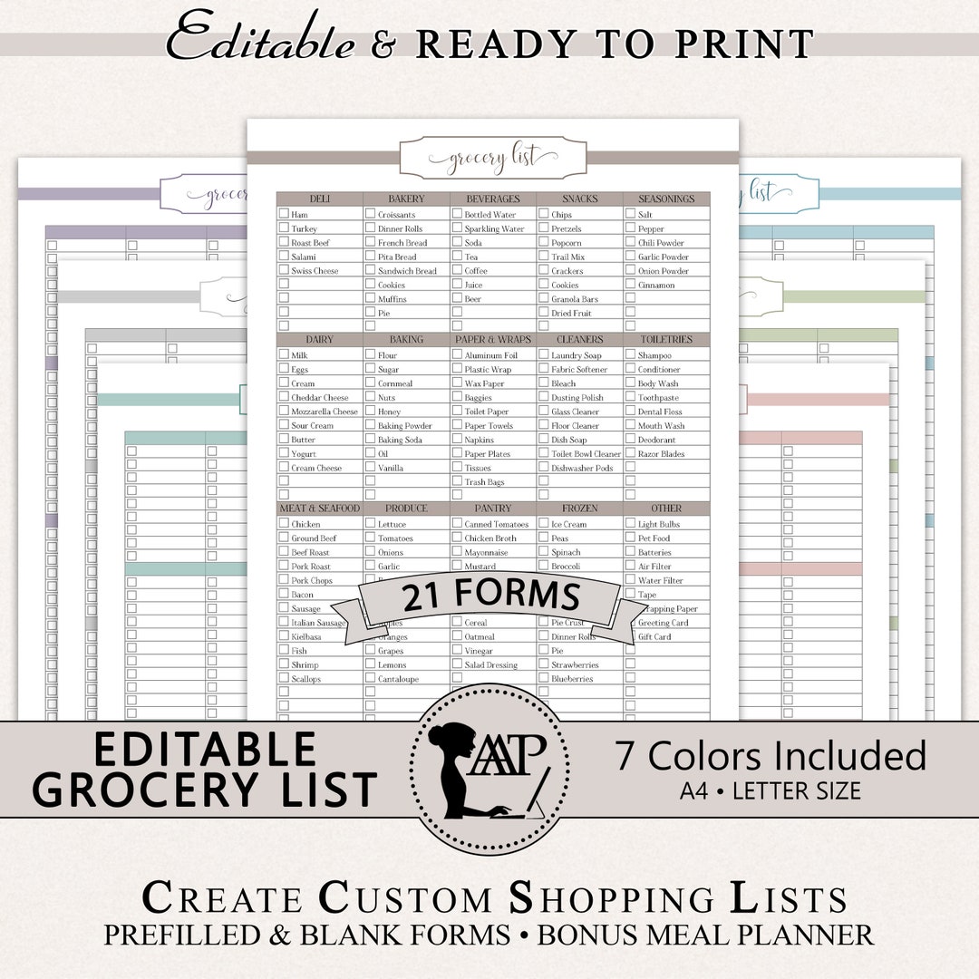 Editable Grocery List Printable Template | Food Shopping Checklist ...