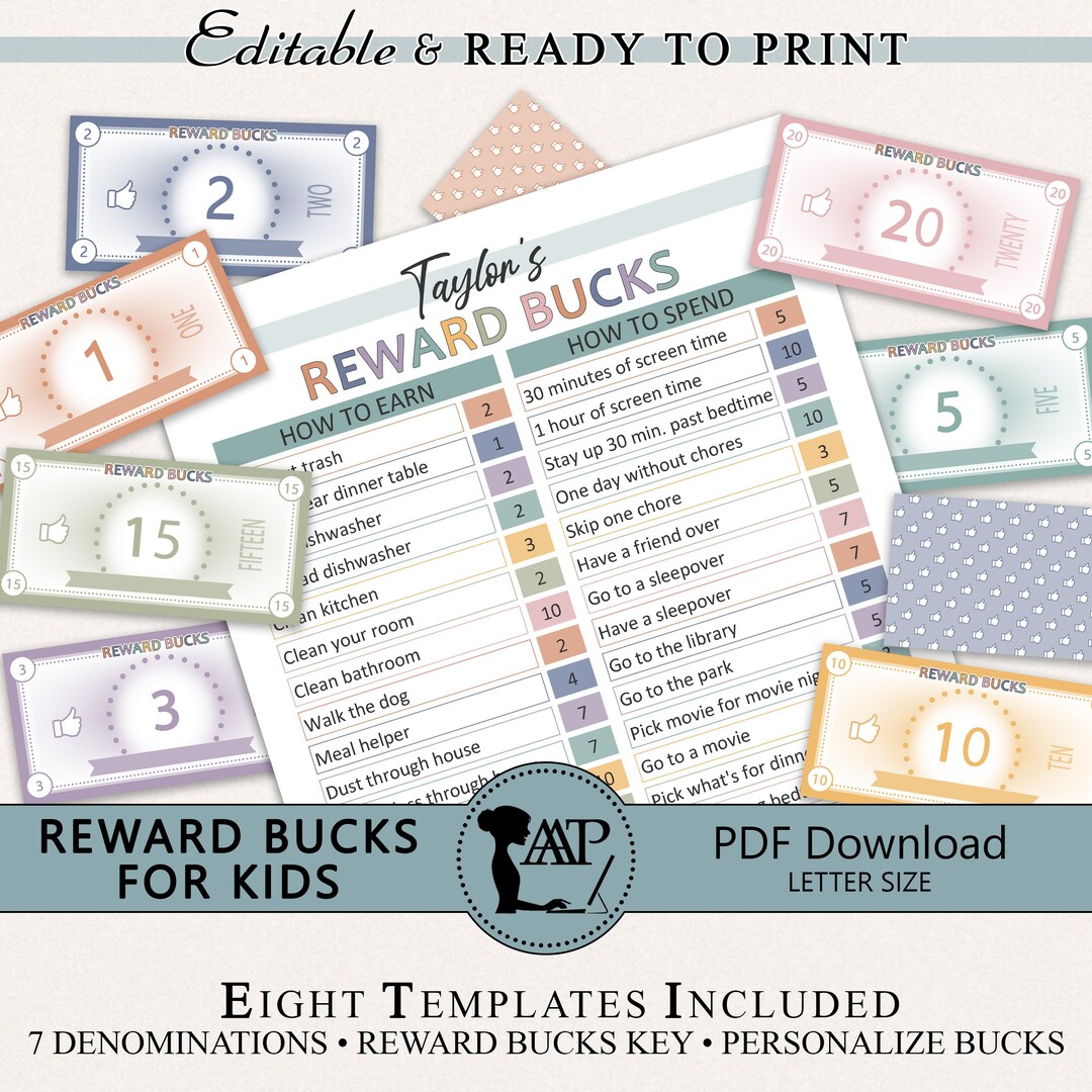 NEW Editable Reward Bucks for Kids Printable Allowance System Mom Bucks ...