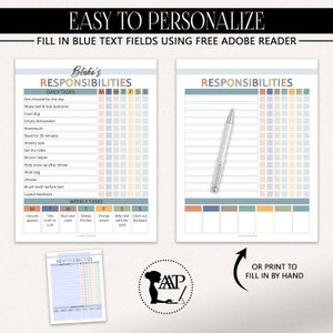 Editable Chore Chart for Kids Printable Bundle | Responsibility ...