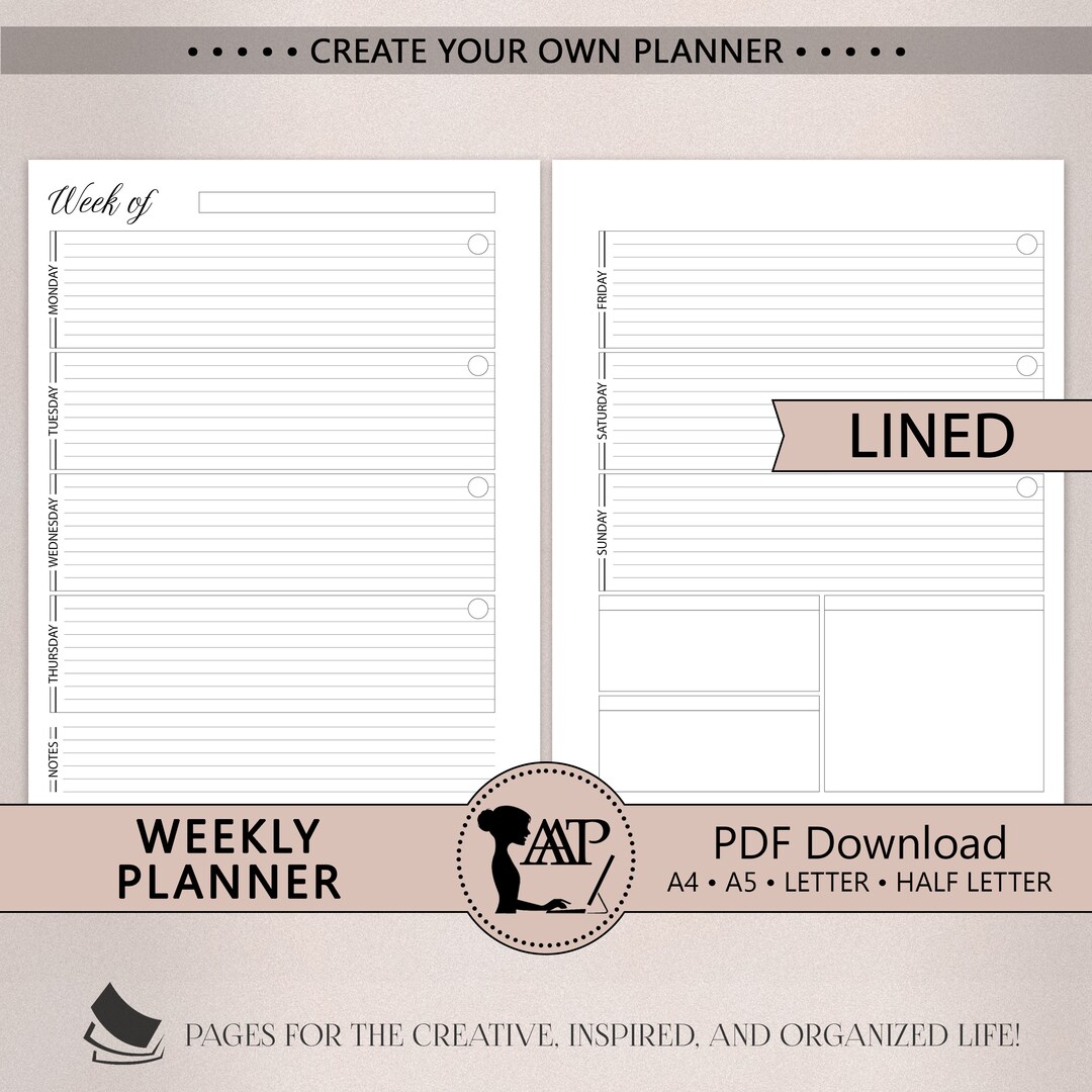Weekly Planner Printable Horizontal Lined 2 Page Layout Week on Two ...