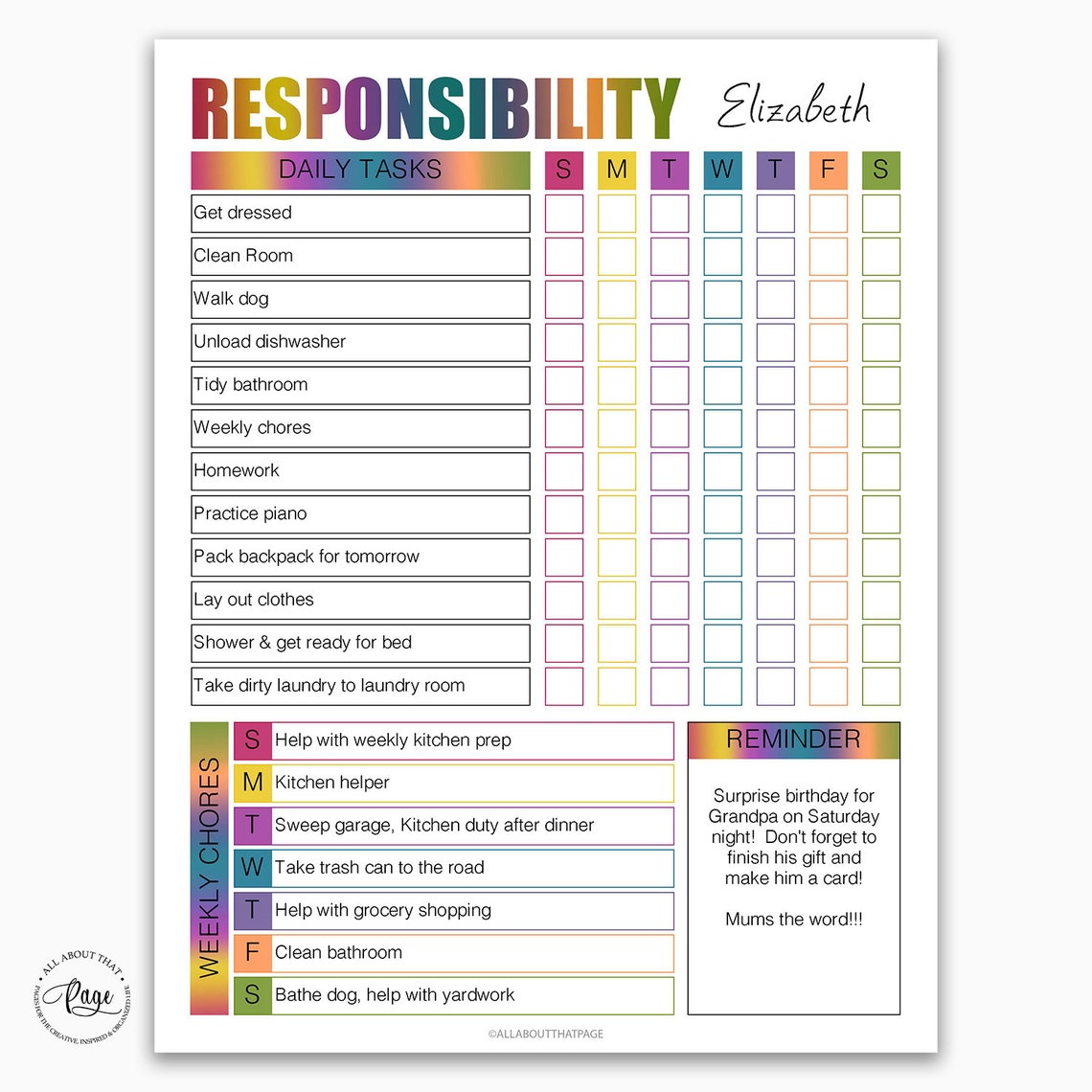 Editable Chore Chart Printable Chores for Older Kids Child - Etsy Australia