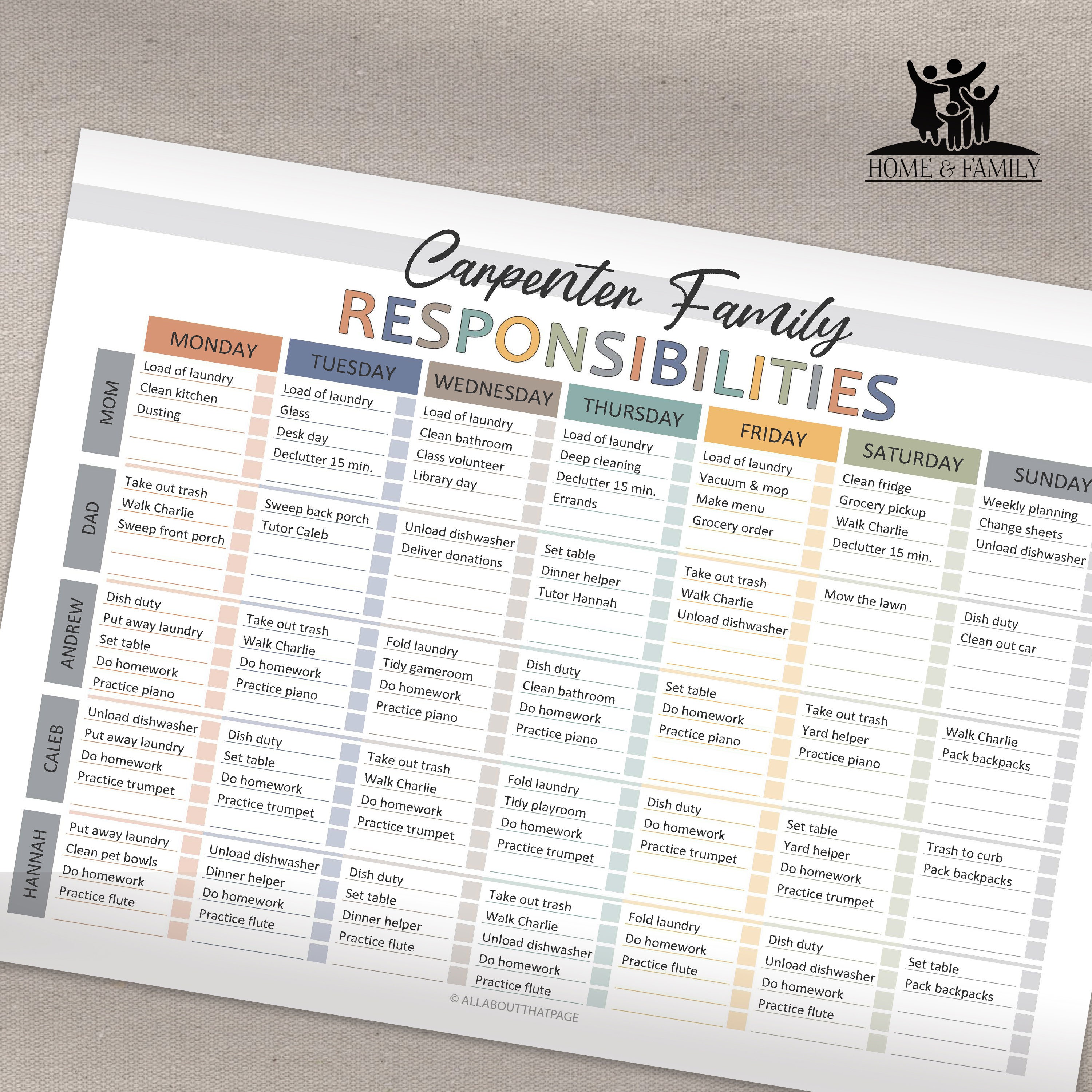 Editable Family Chore Chart Printable Template | Weekly Household ...