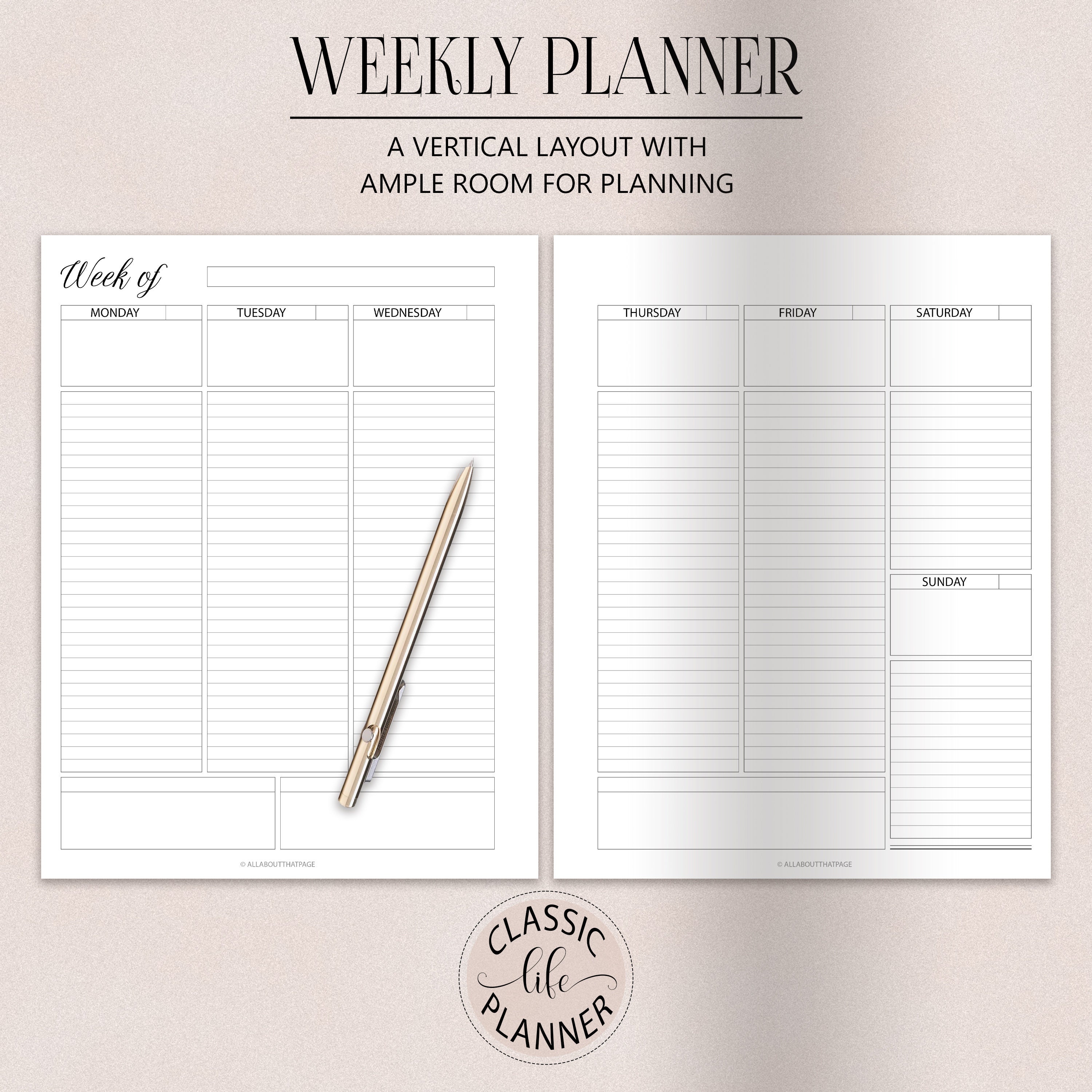 Weekly Planner Printable Vetical Lined 2 Page Layout Week - Etsy