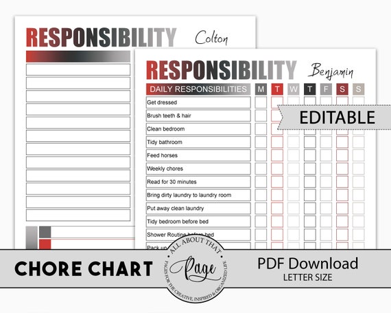 Editable Chore Chart Printable Chores for Older Kids Child | Etsy