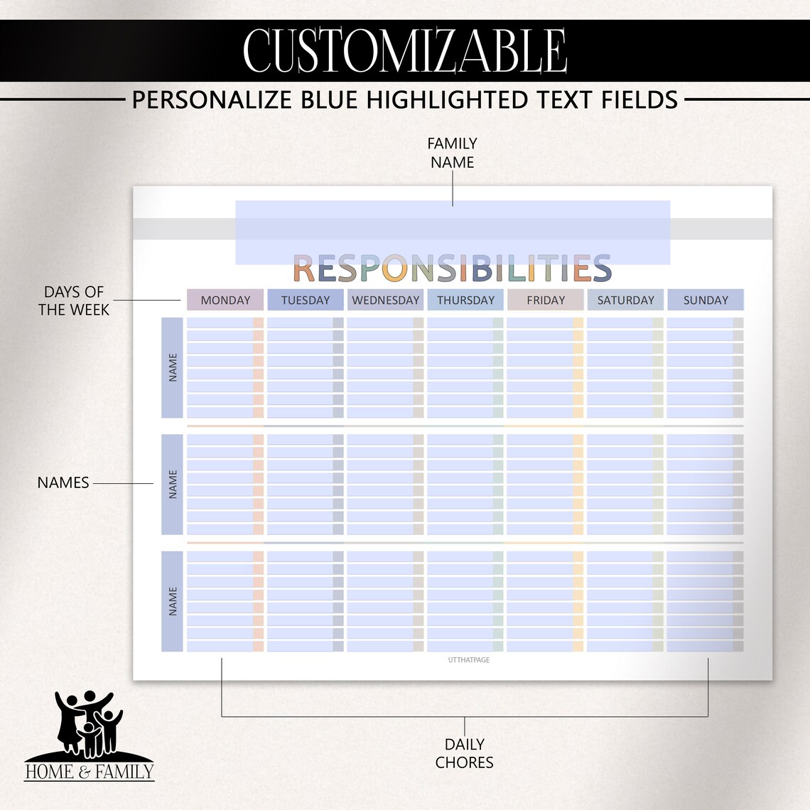 Editable Family Chore Chart Printable Template | Weekly Household ...