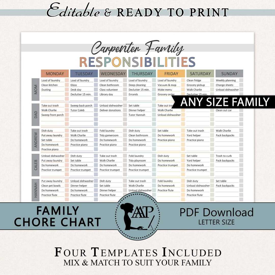 Editable Family Chore Chart Printable Template Weekly Household Command ...