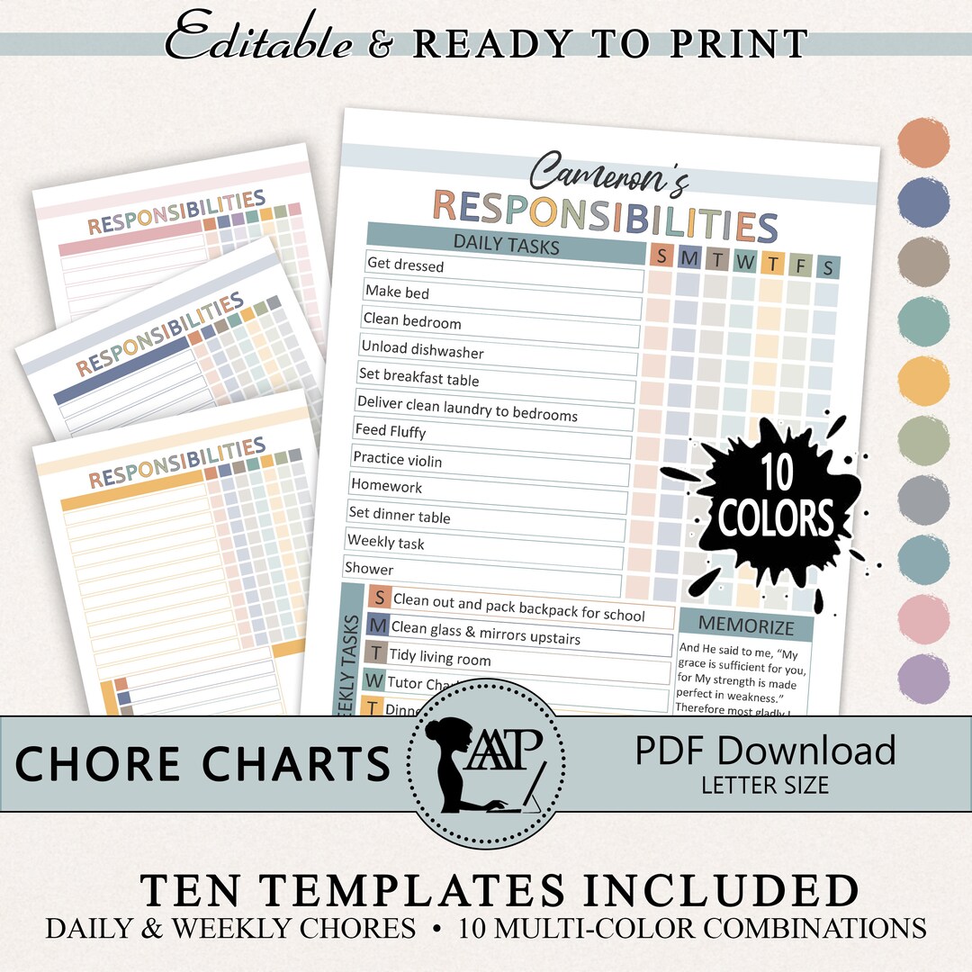 Editable Chore Chart for Kids Printable Bundle | Responsibility ...