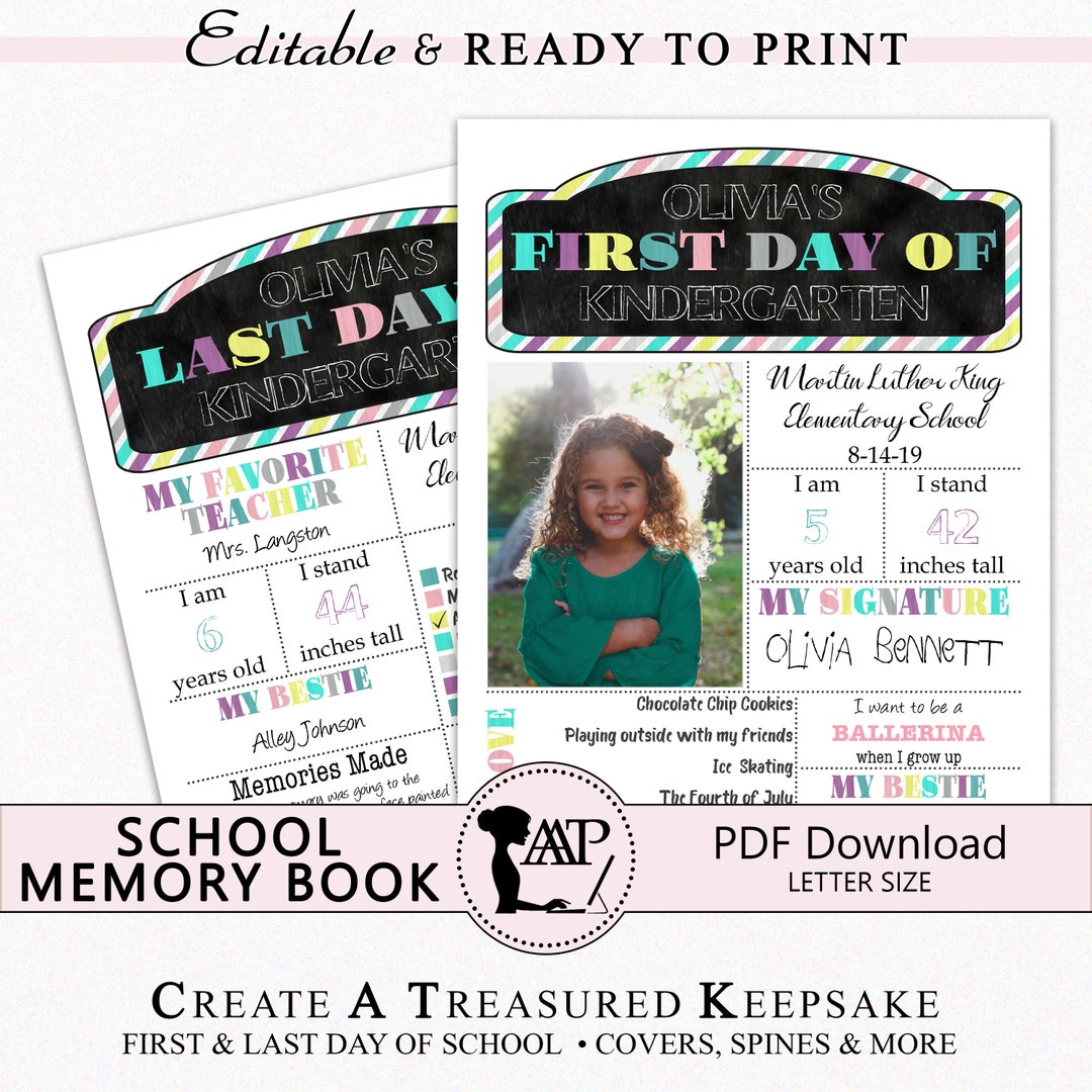 Editable School Memory Book Box Kit, Girls First Day of School, Last ...