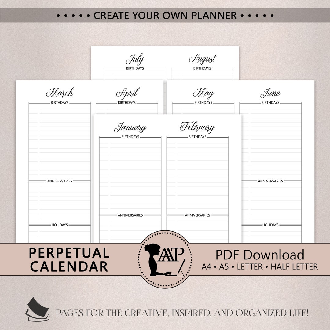 Perpetual Calendar Printable Planner Insert Annual - Etsy