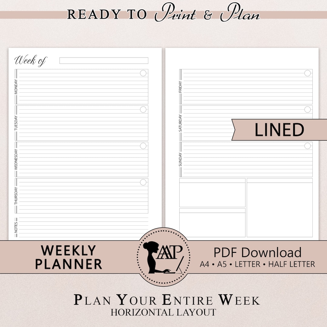 Weekly Planner Printable | Horizontal Lined 2 Page Layout | Week on Two ...
