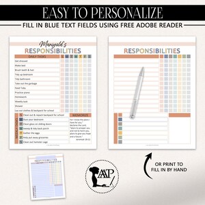 Editable Chore Chart for Kids Printable Bundle | Responsibility ...