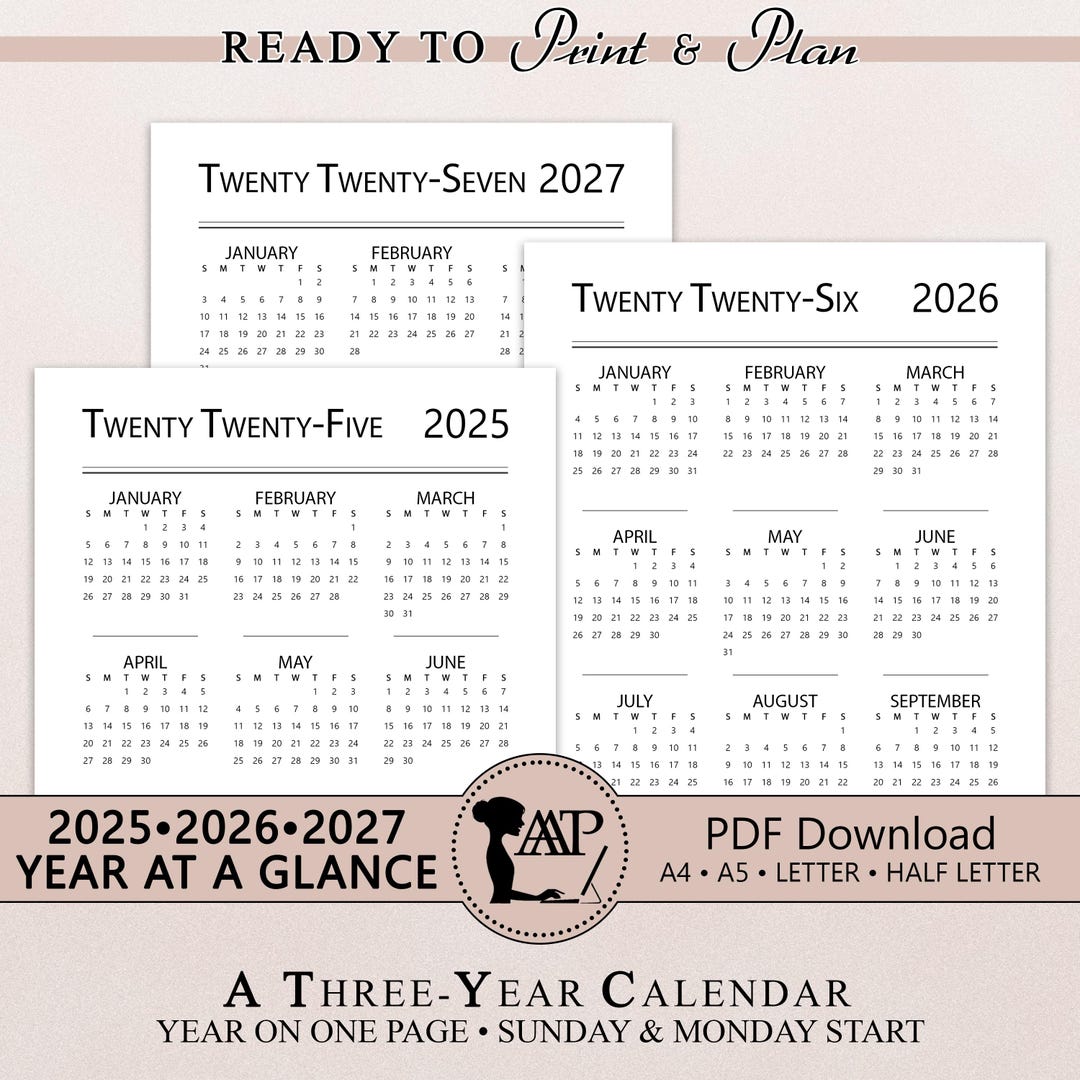2025 2026 2027 Year at a Glance Calendar Printable Digital | Minimalist ...